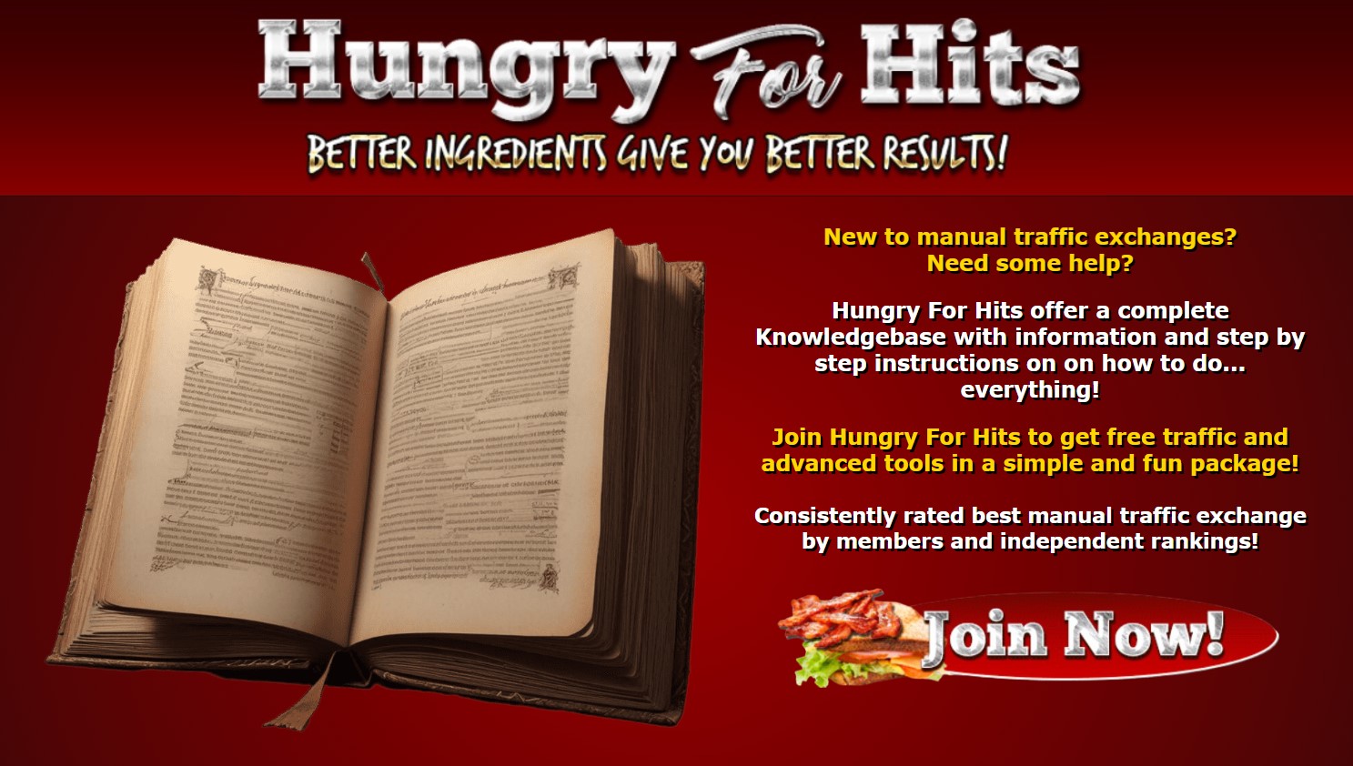 Hungry For Hits splashpage: Easy to use manual traffic exchange