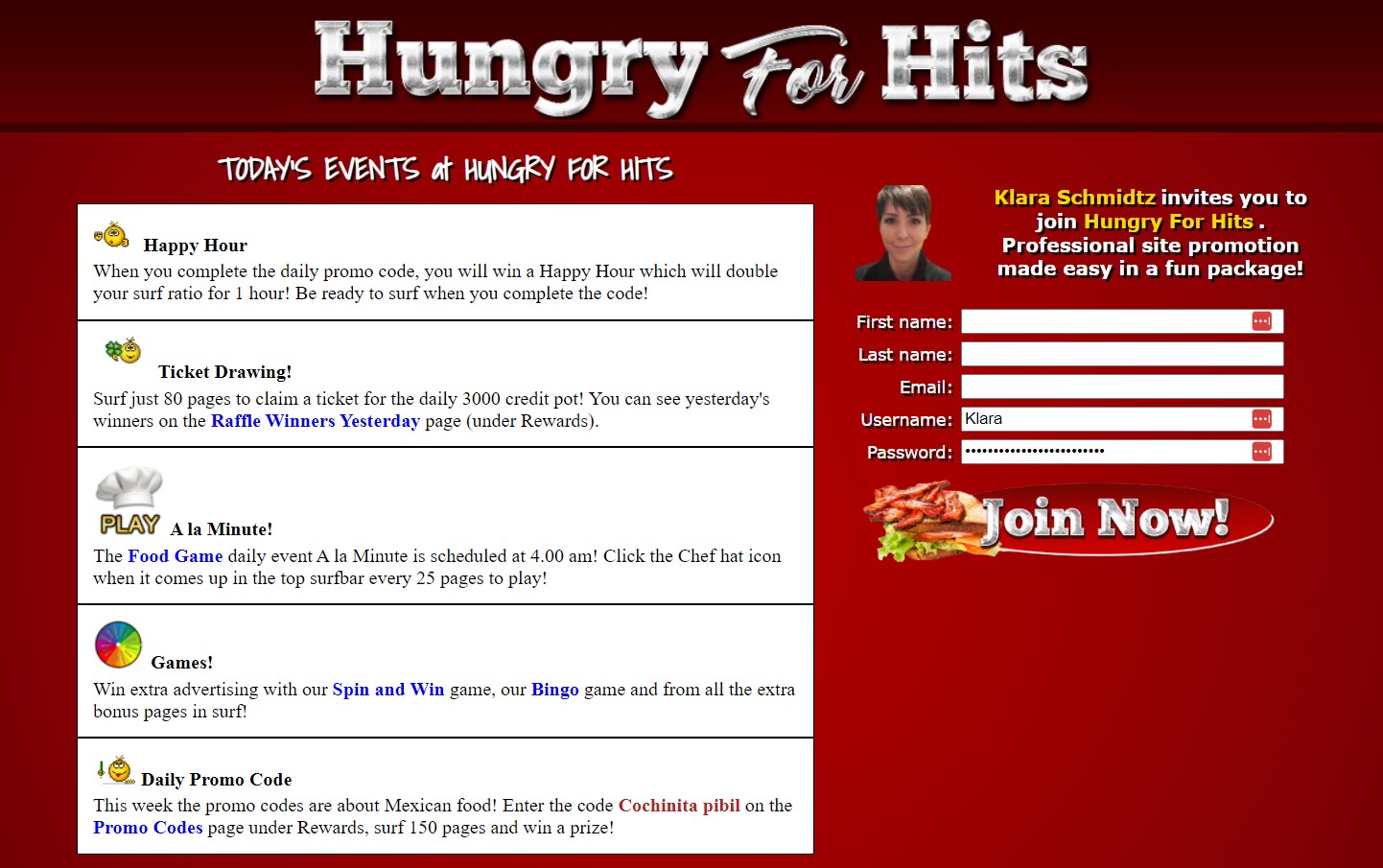 Hungry For Hits splashpage: Daily events